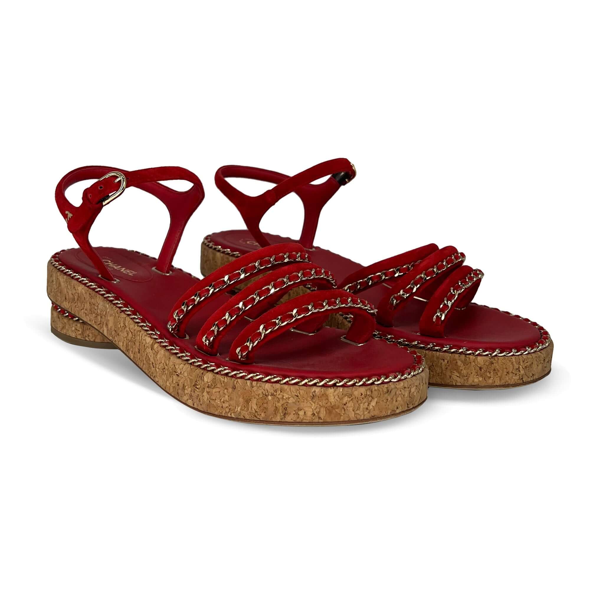 Pre owned Chanel red designer cork sandals with gold stitching – The ...